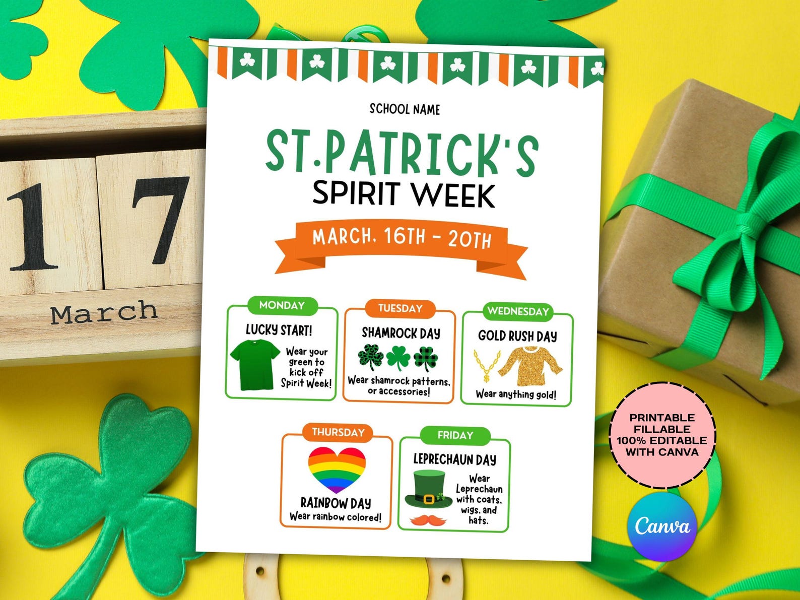 Editable St Patrick's Day Spirit Week Flyer, March Spirit Week Template ...