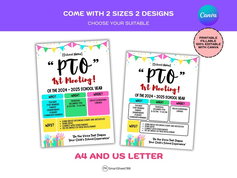 PTO Meeting Sign PTA School Meeting Flyer Printable Editable Meeting ...