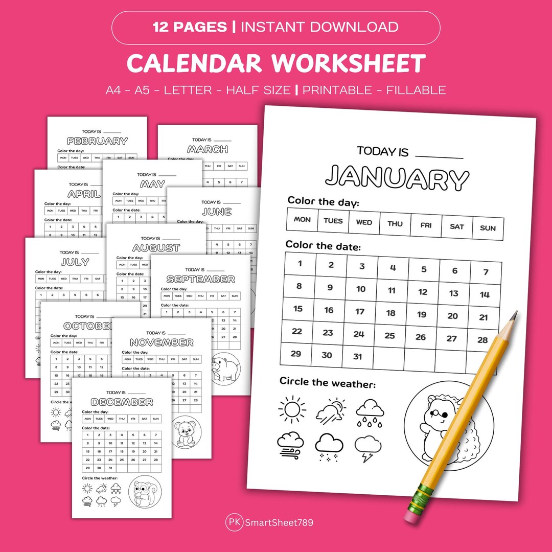 Preschool Calendar Worksheet, Back to School, Cute Animal Printable ...