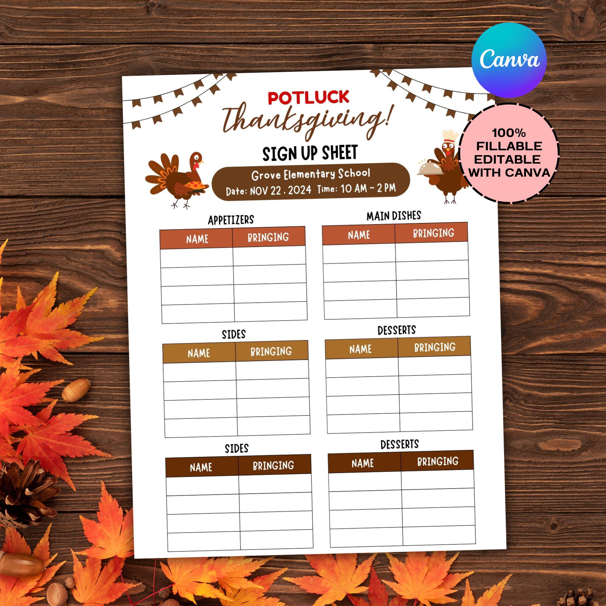 Editable Thanksgiving Potluck Flyer and Sign up Sheet Template Set ...