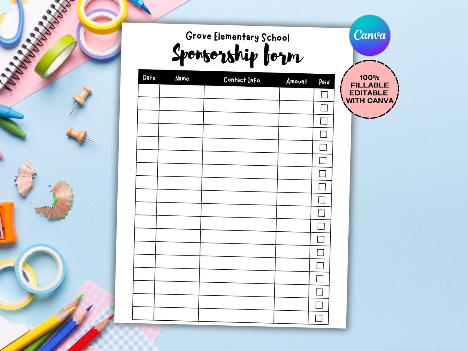 Editable Sponsorship Form Template: School PTO PTA (canva, Printable ...