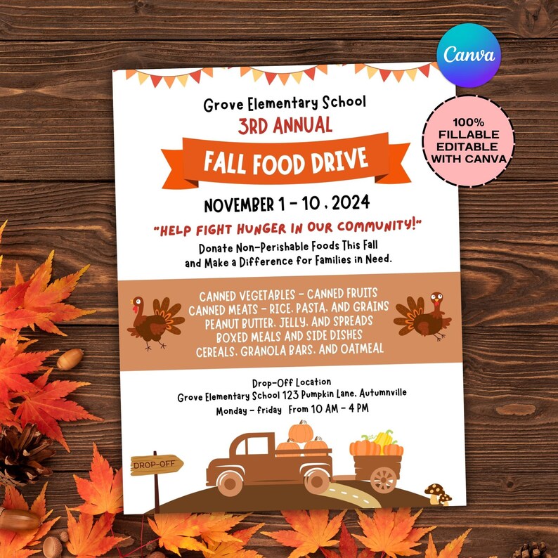 Fall Food Drive Editable Flyer, PTA PTO Flyer, School Church ...