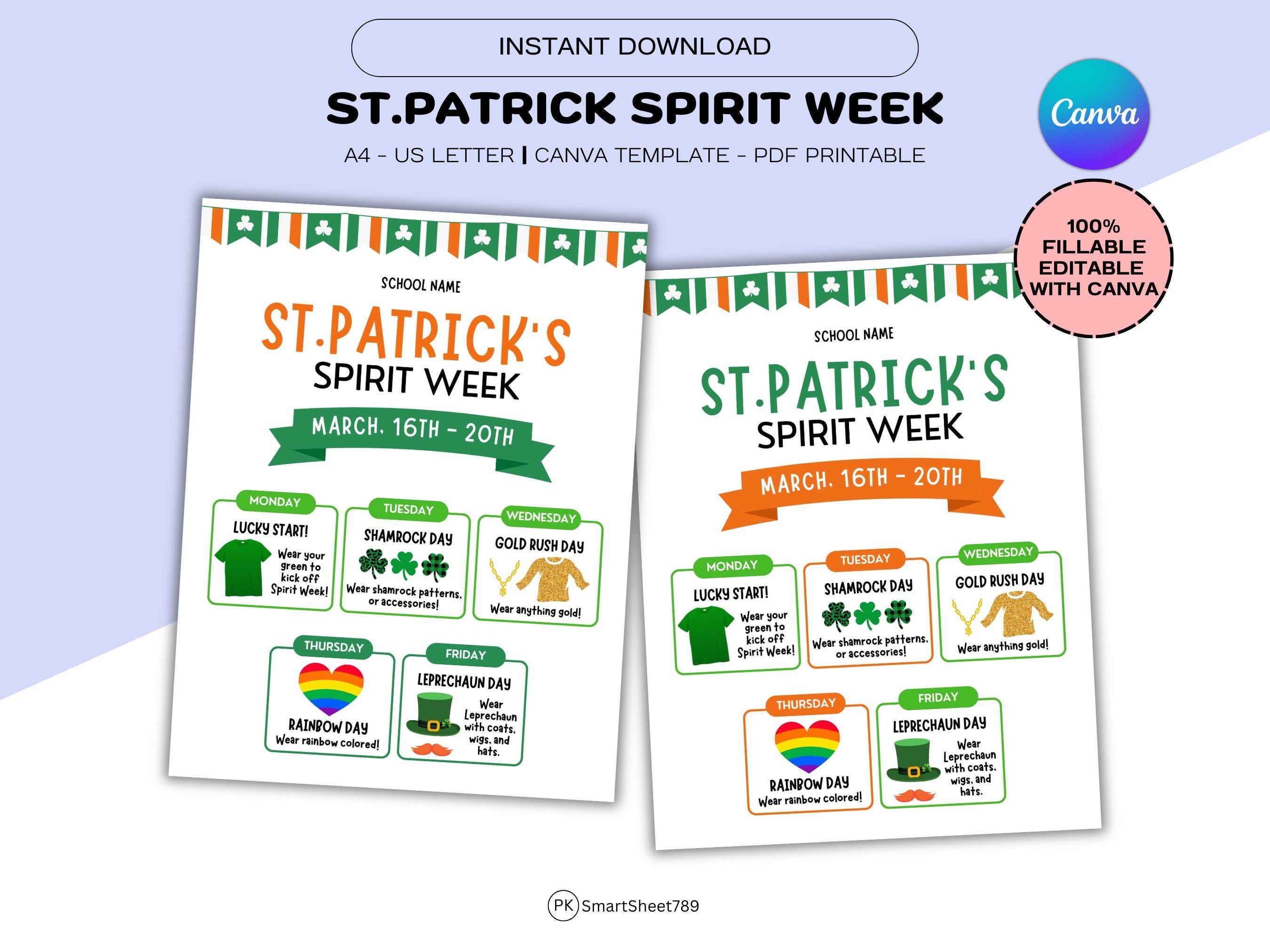 Editable St Patrick's Day Spirit Week Flyer, March Spirit Week Template ...