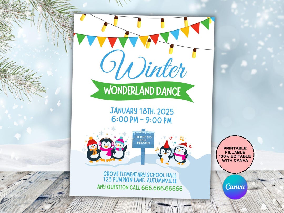 Winter Dance Flyer Template, School Dance Party Invitation, Editable ...
