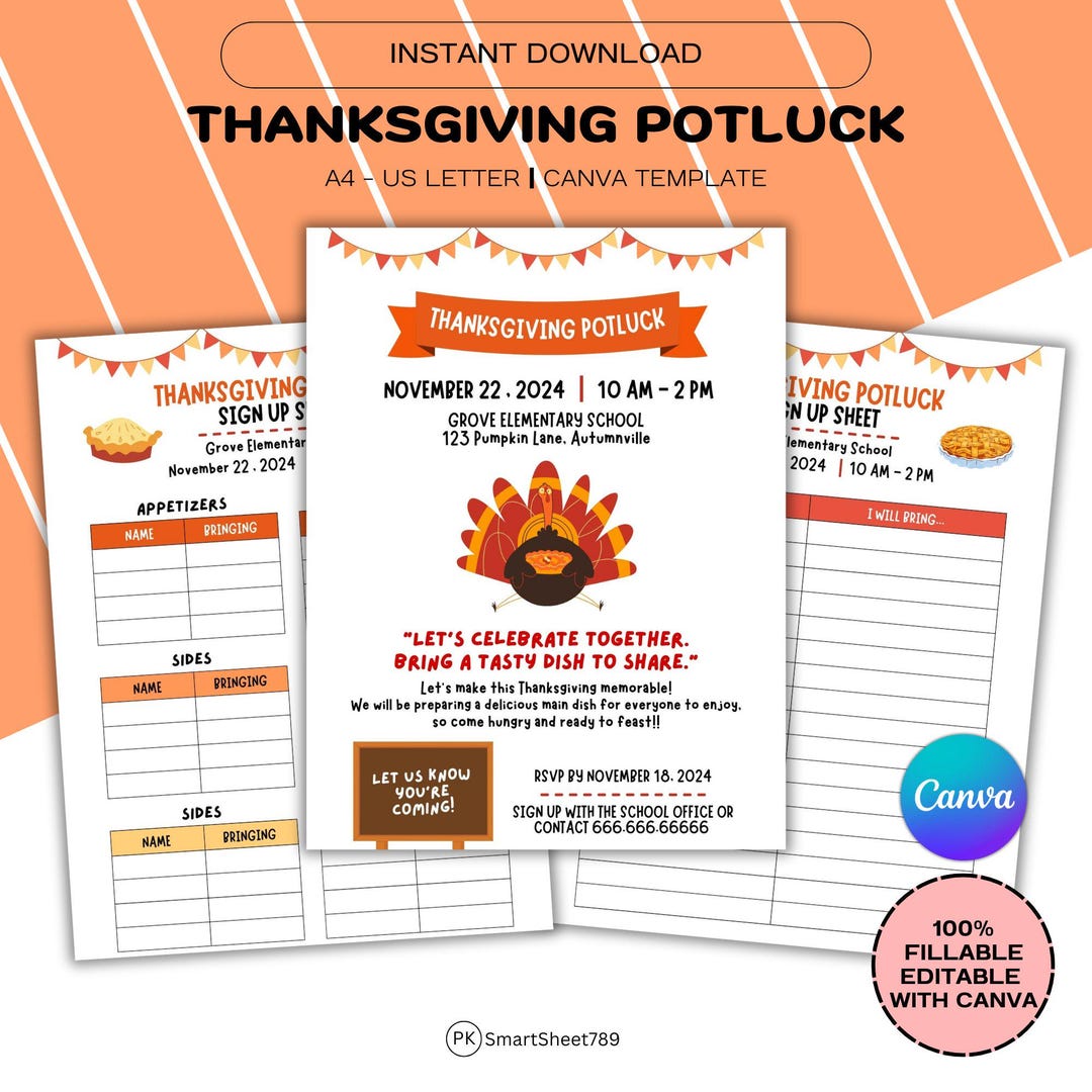 Editable Thanksgiving Potluck Flyer and Sign up Sheet Template Set ...