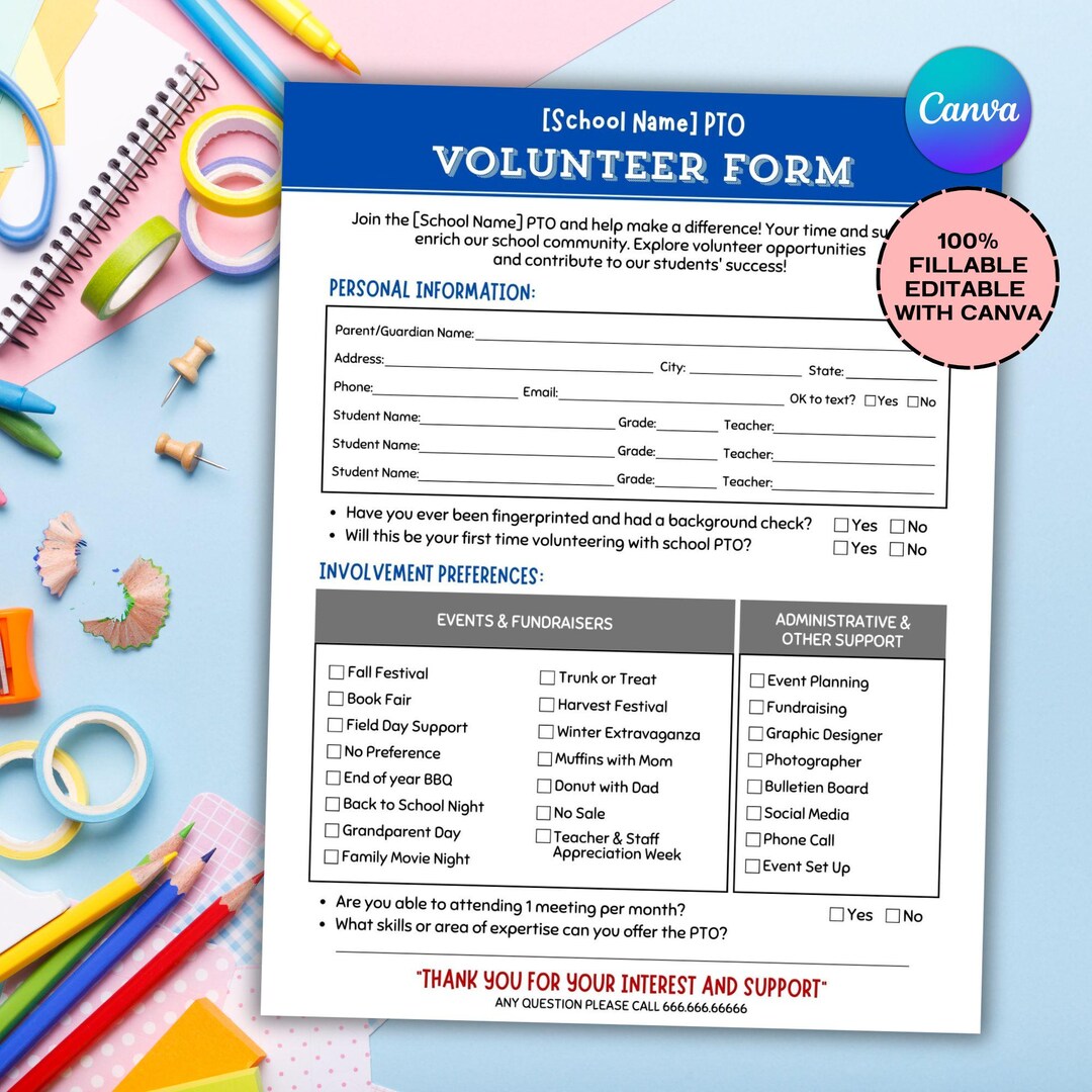 PTO PTA Volunteer Form Flyer Printable Club Volunteer Form Editable ...