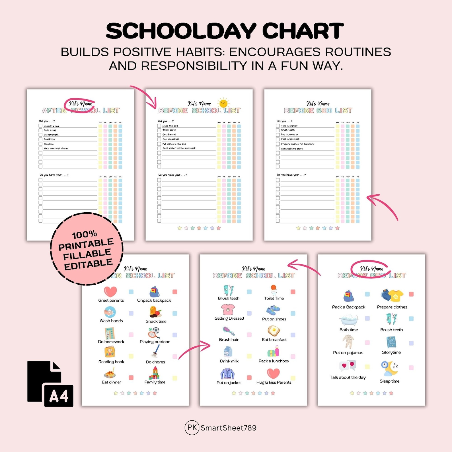 Kids Chore Chart Bundle: Editable Daily & Weekly Checklists (digital ...