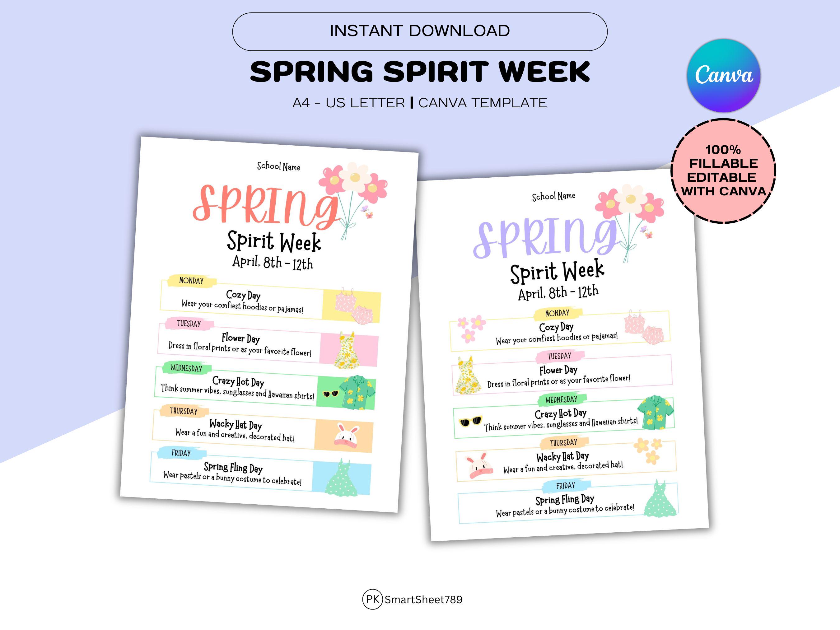 Editable Spring Spirit Week Flyer Canva Template, School Spirit ...