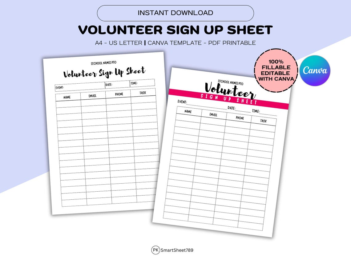 Editable PTO PTA Volunteer Sign up Sheet (printable PDF) - Etsy
