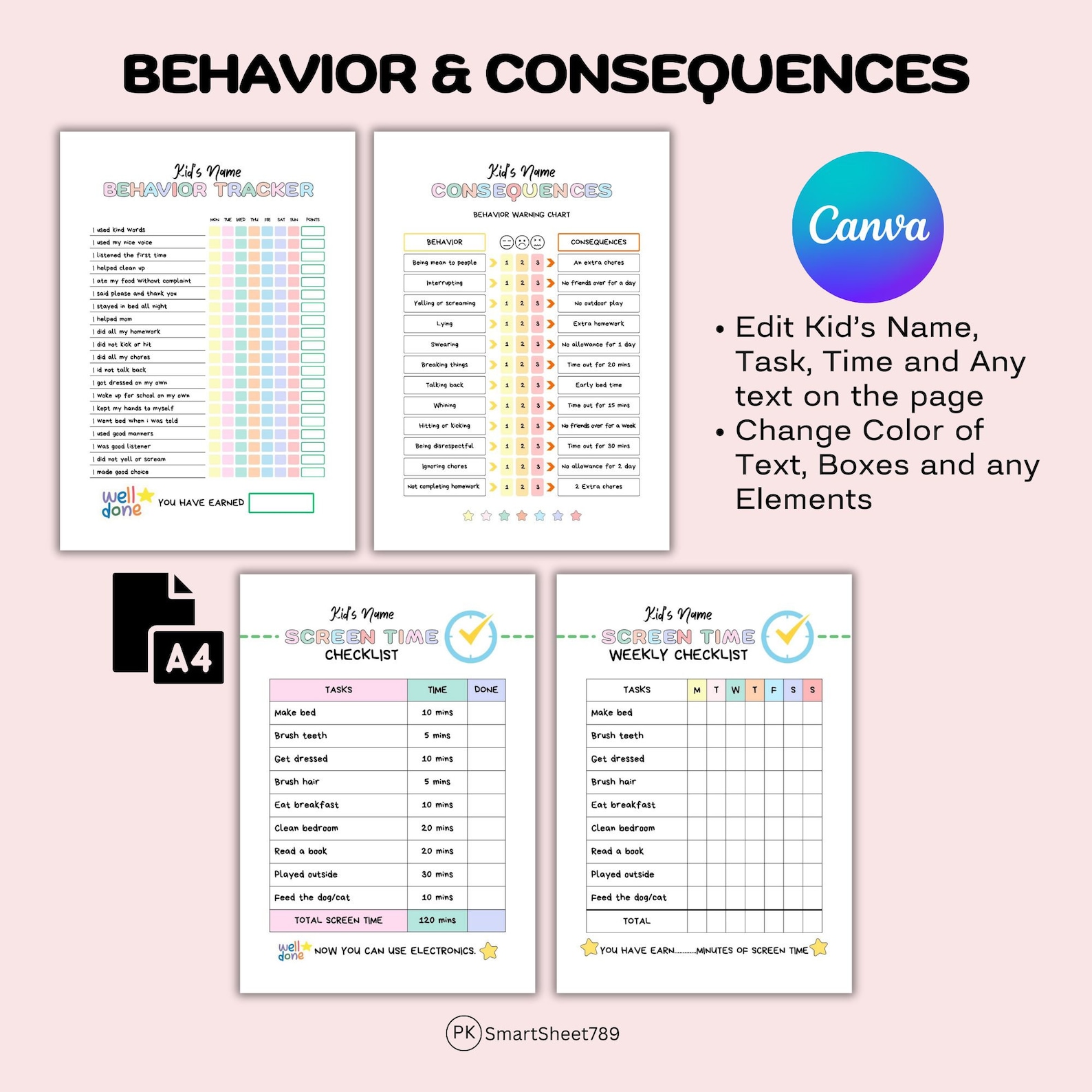 Editable Kids Chore Chart Bundle Daily Weekly Checklists, Rewards ...