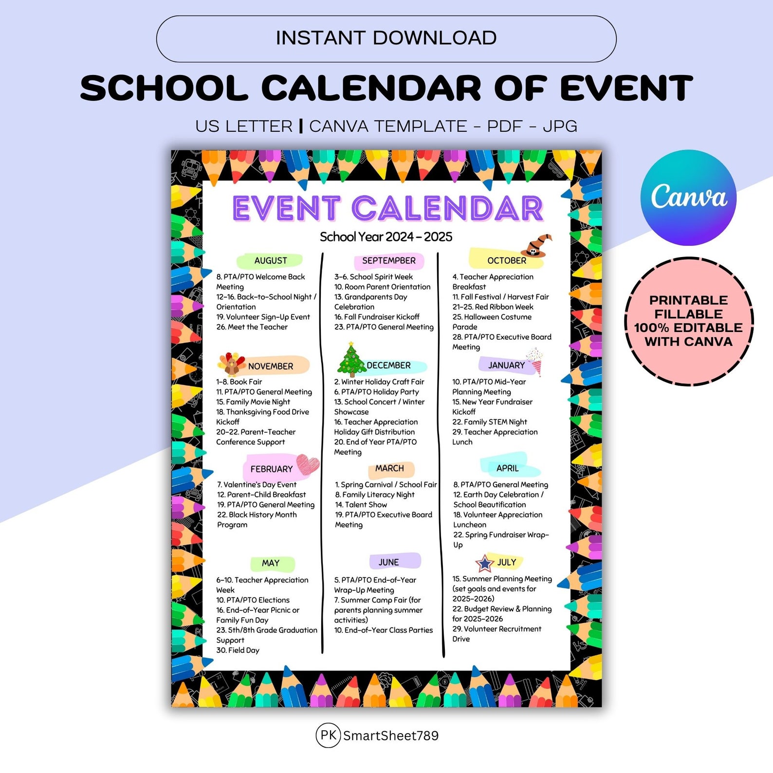 Editable School Event Calendar: PTA/PTO Monthly Planner (digital ...