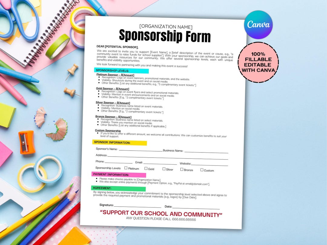 Editable Sponsorship Form Template: School PTO PTA (digital Download ...