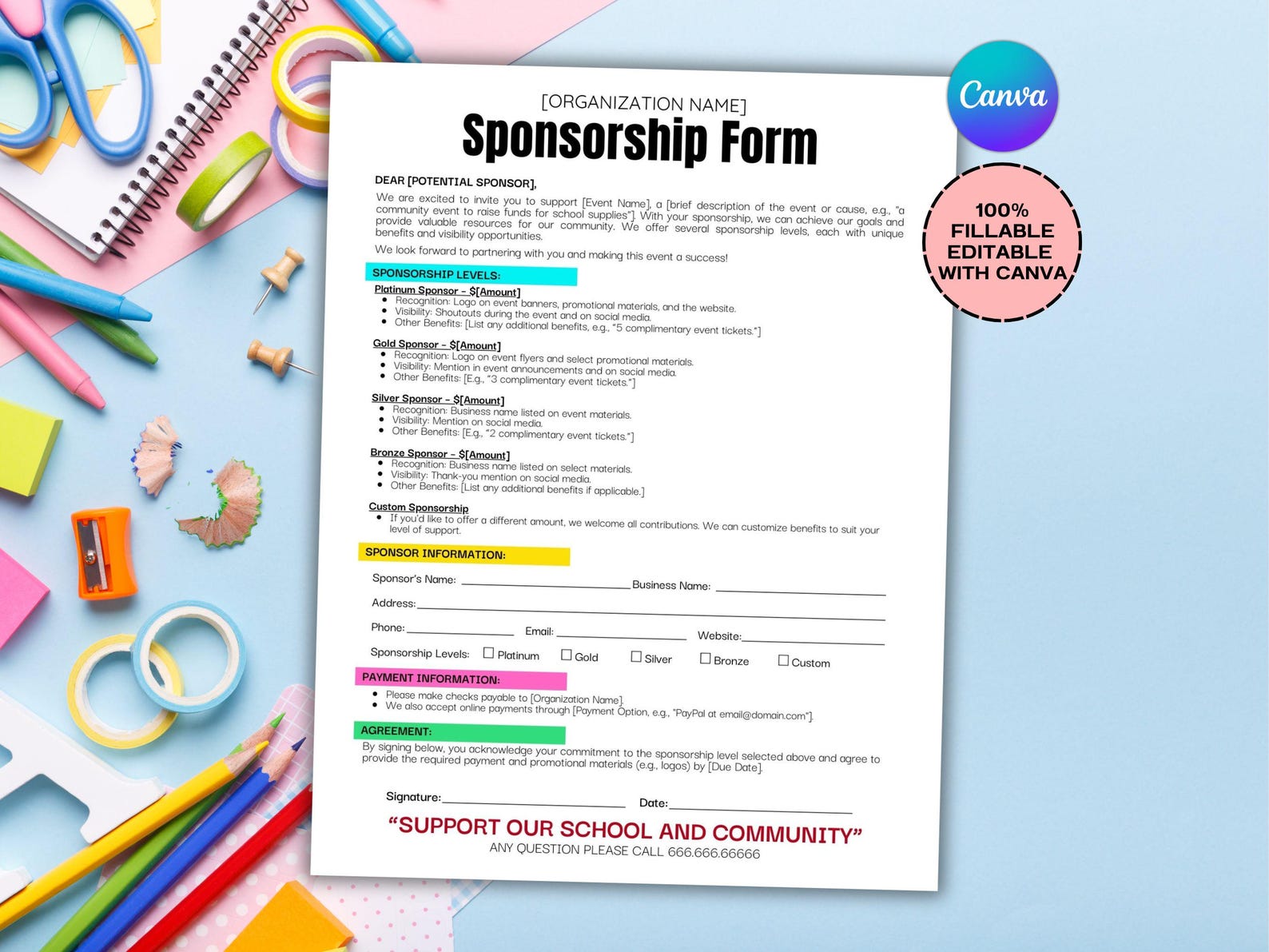 Editable Sponsorship Form Template: School PTO PTA (digital Download ...