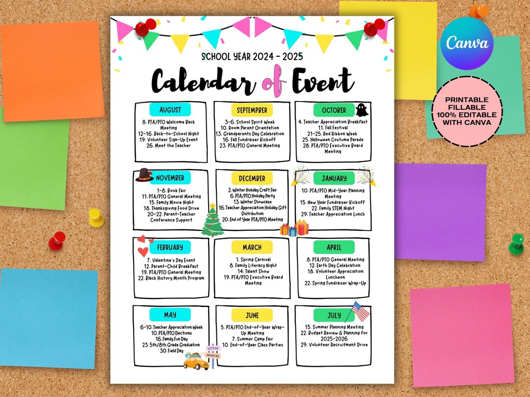 Editable School Calendar of Events - PTA PTO Flyer (canva) - Etsy UK