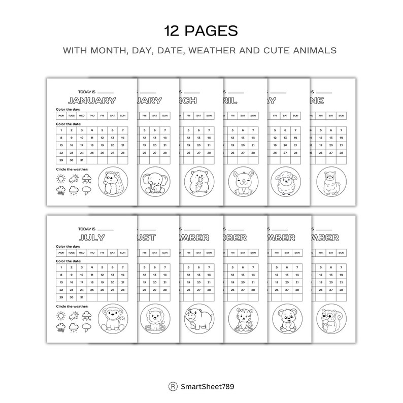 Preschool Calendar Worksheet, Back to School, Cute Animal Printable ...