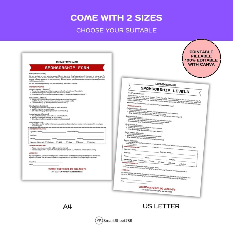 Editable Sponsorship Form Template: School PTO PTA (digital Download ...