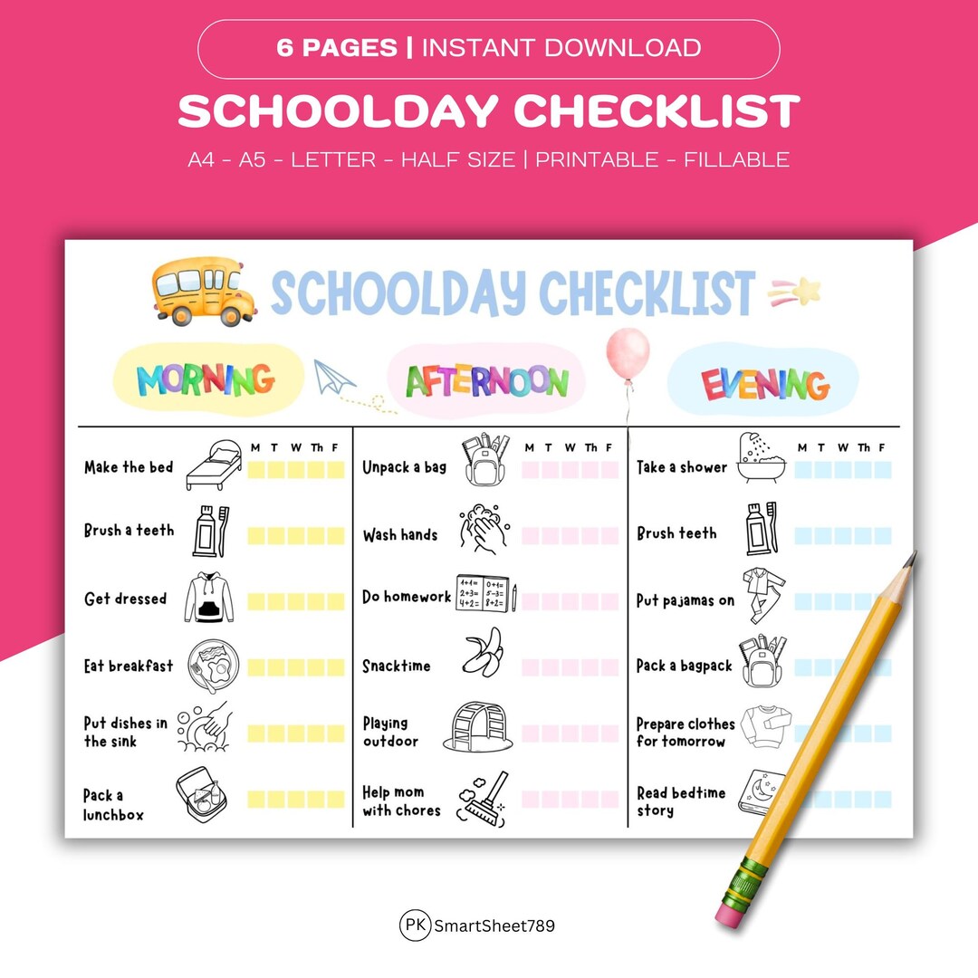 Schoolday Checklist, Reminders, Chore Chart, Bedtime Routine for Kids ...