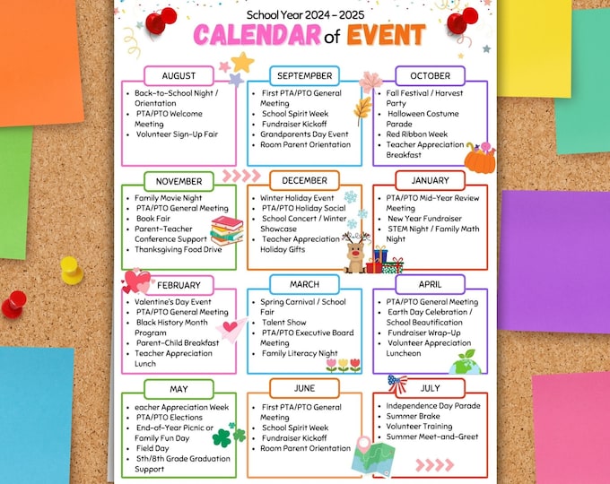 Editable Yearly PTO PTA Printable Calendars, Back to School, Undated ...