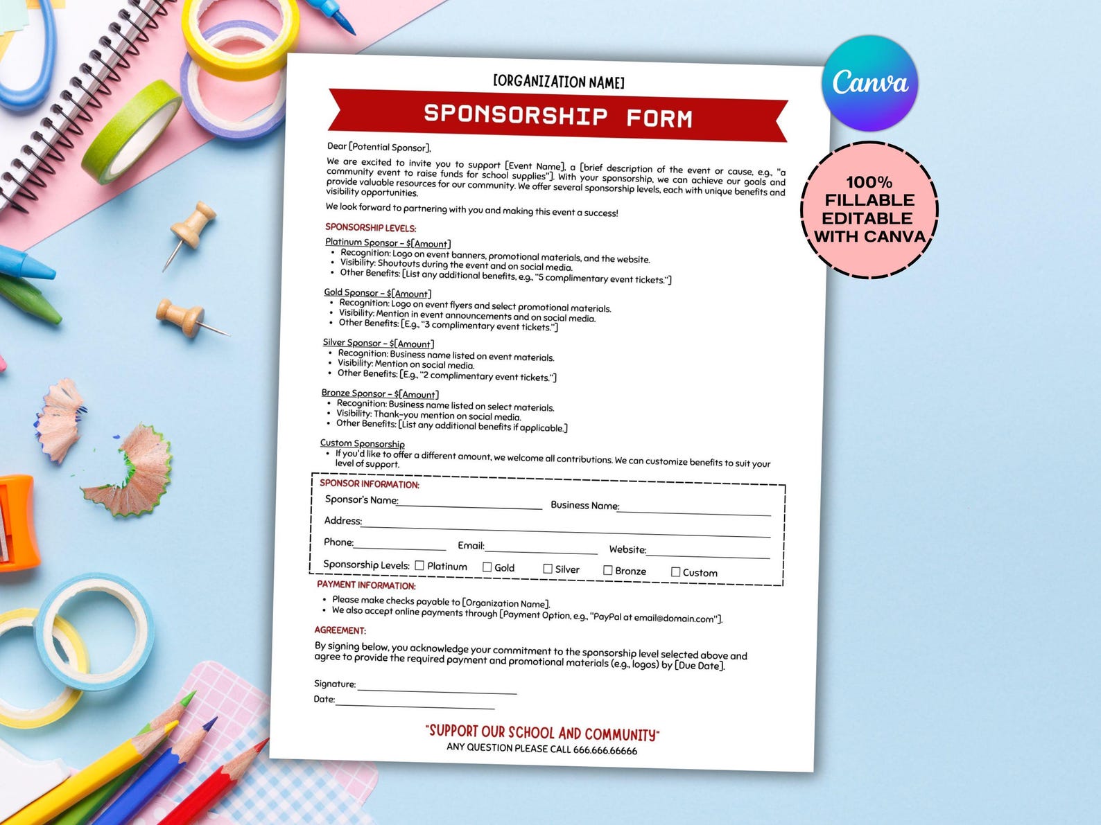 Editable Sponsorship Form Template: School PTO PTA (digital Download ...
