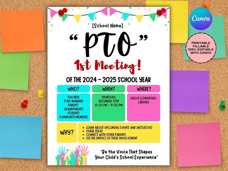 PTO Meeting Sign PTA School Meeting Flyer Printable Editable Meeting ...