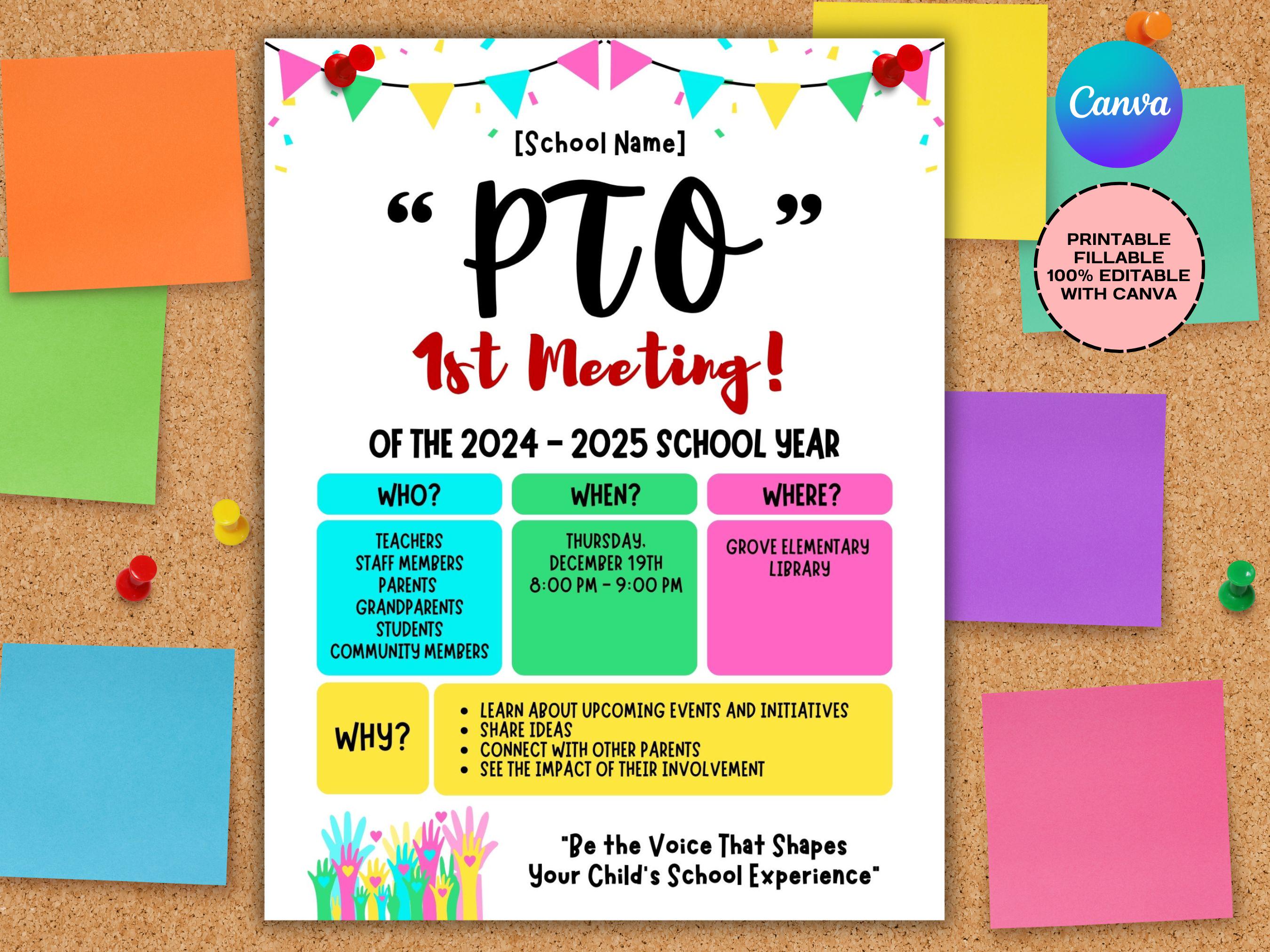 PTO Meeting Sign PTA School Meeting Flyer Printable Editable Meeting ...