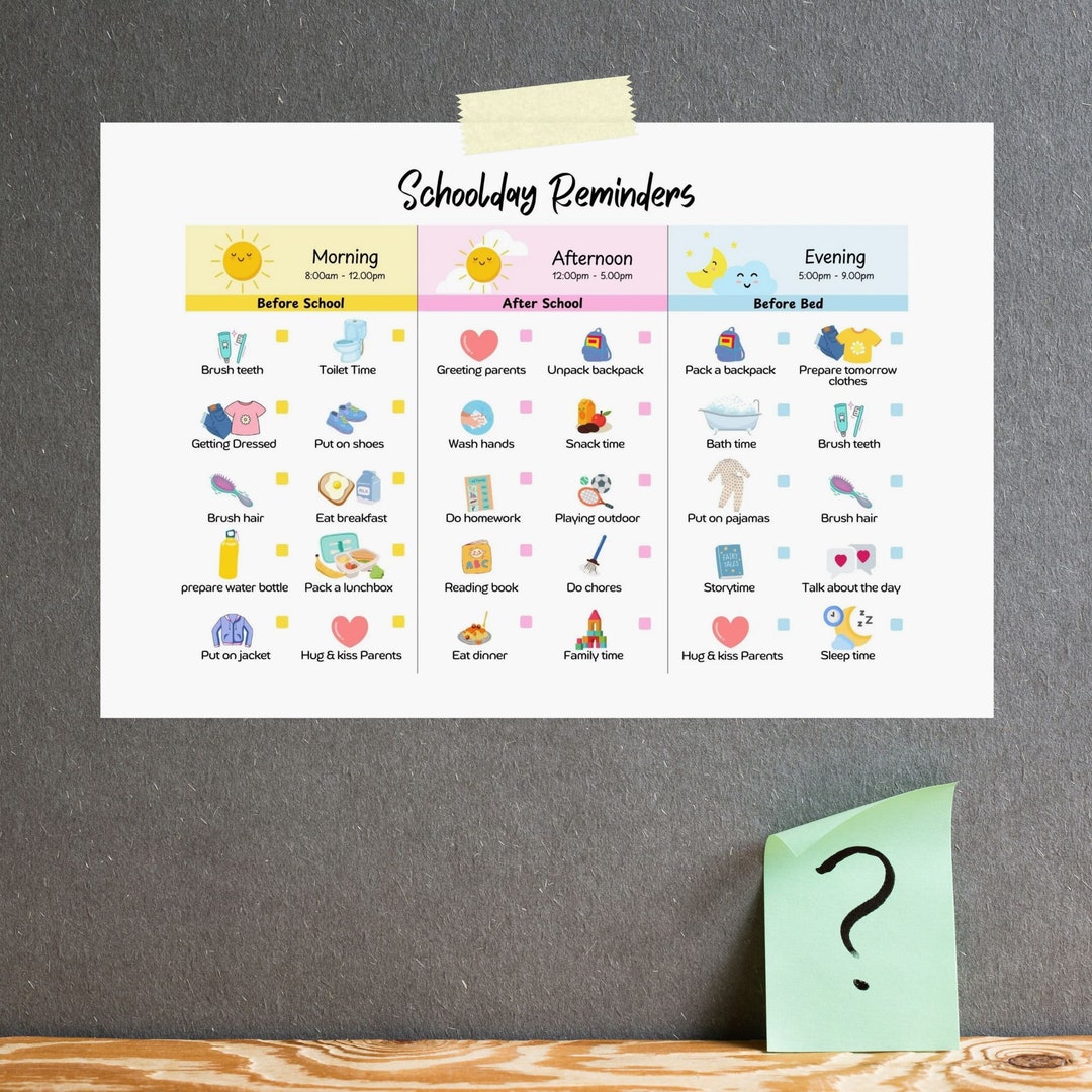 Schoolday Checklist, Reminders, Chore Chart, Bedtime Routine for Kids ...