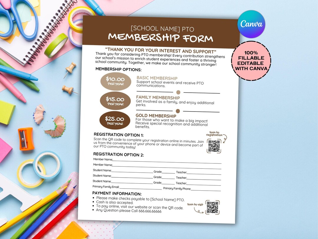 PTO PTA Membership Form Flyer Printable Club Membership Form Editable ...