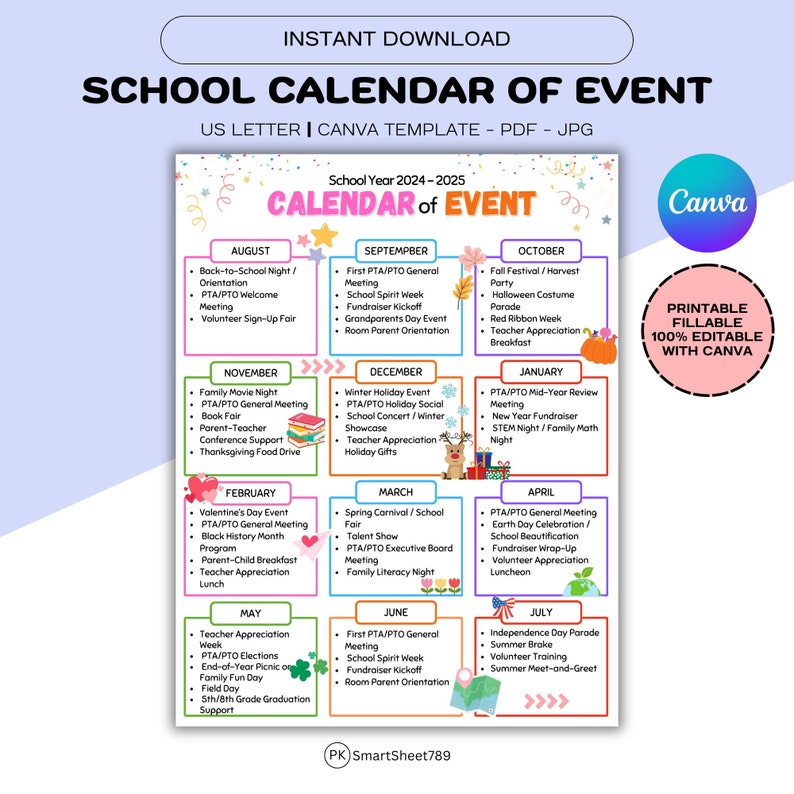 Editable School Calendar: PTA PTO Events, Fundraiser Template (digital ...
