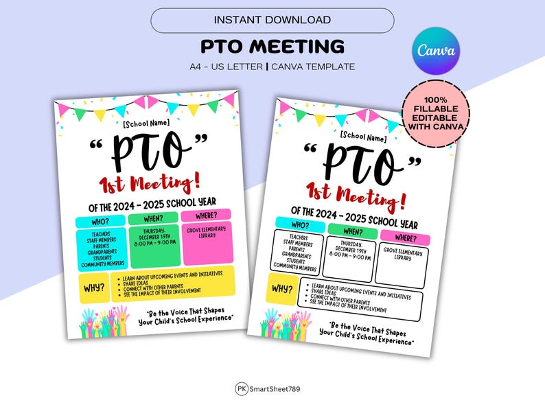 PTO Meeting Sign PTA School Meeting Flyer Printable Editable Meeting ...