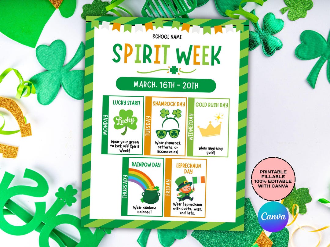 Editable St Patrick's Day Spirit Week Flyer, March Spirit Week Template ...
