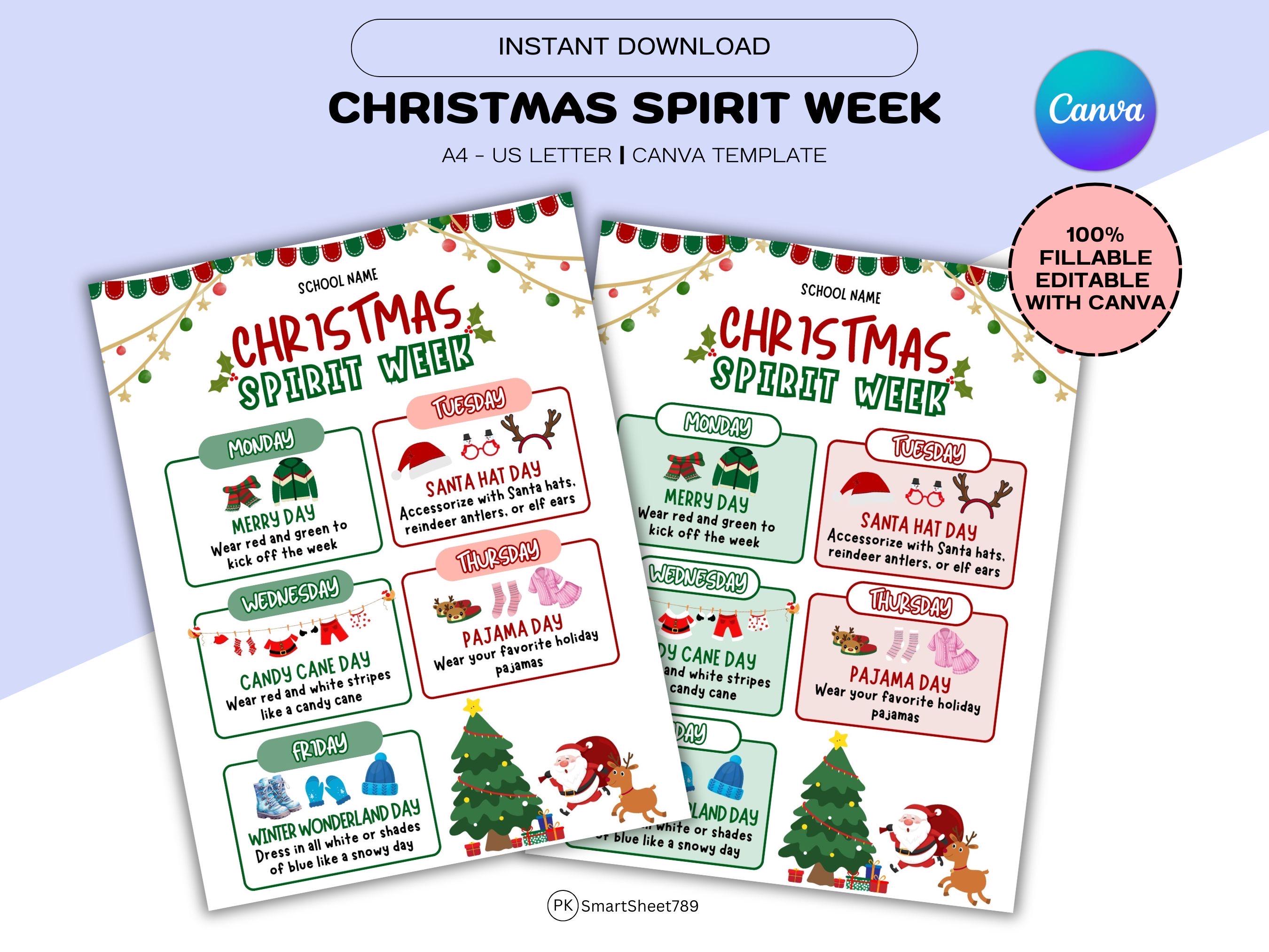 Customizable Christmas Spirit Week Flyer, Holiday School PTO Schedule ...