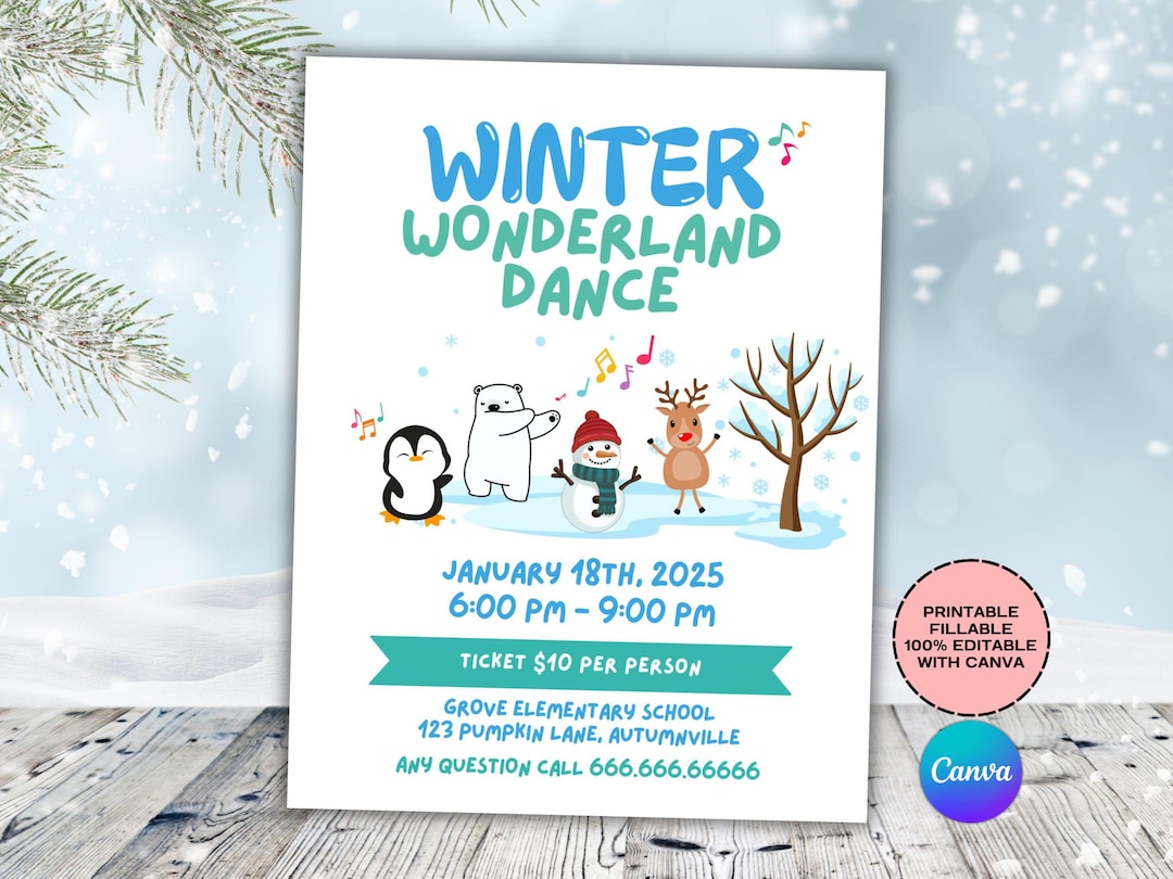 Winter Dance Flyer Template, School Dance Party Invitation, Editable ...