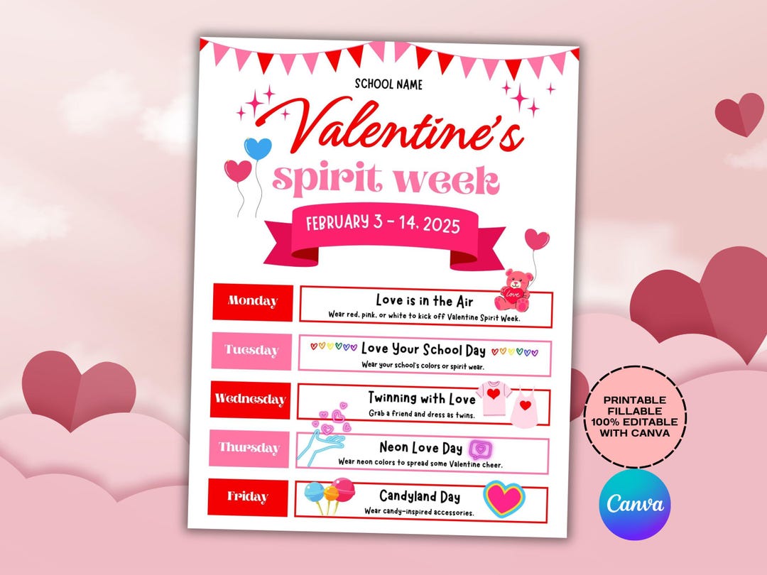Valentines Spirit Week Flyer Editable School Spirit Week Template ...