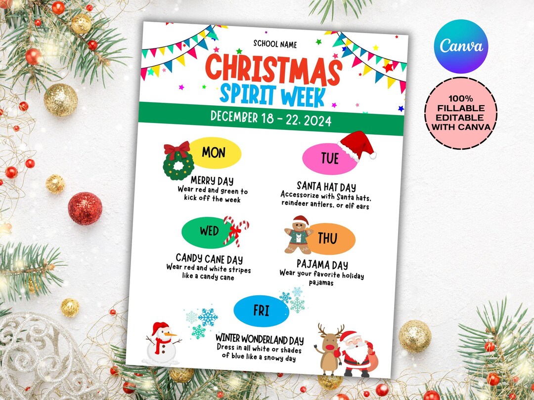 Customizable Christmas Spirit Week Flyer, Holiday School PTO Schedule ...