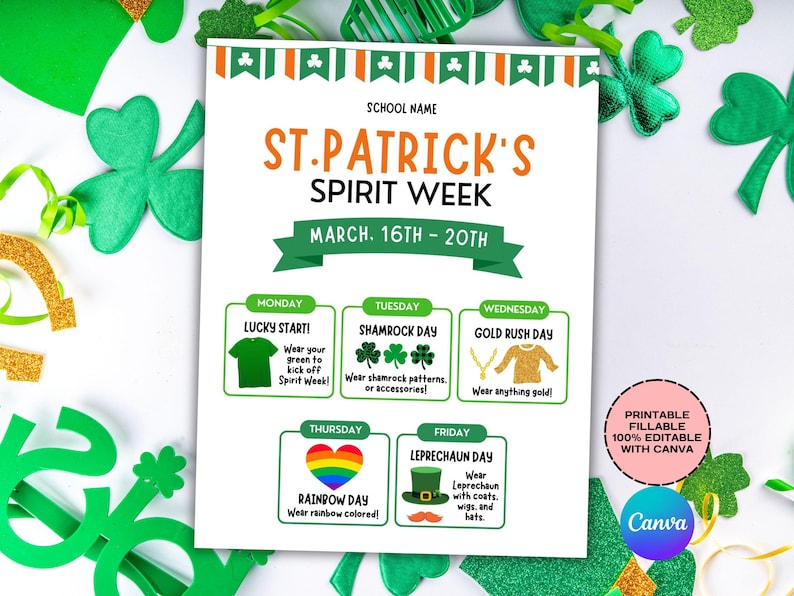 Editable St Patrick's Day Spirit Week Flyer, March Spirit Week Template ...
