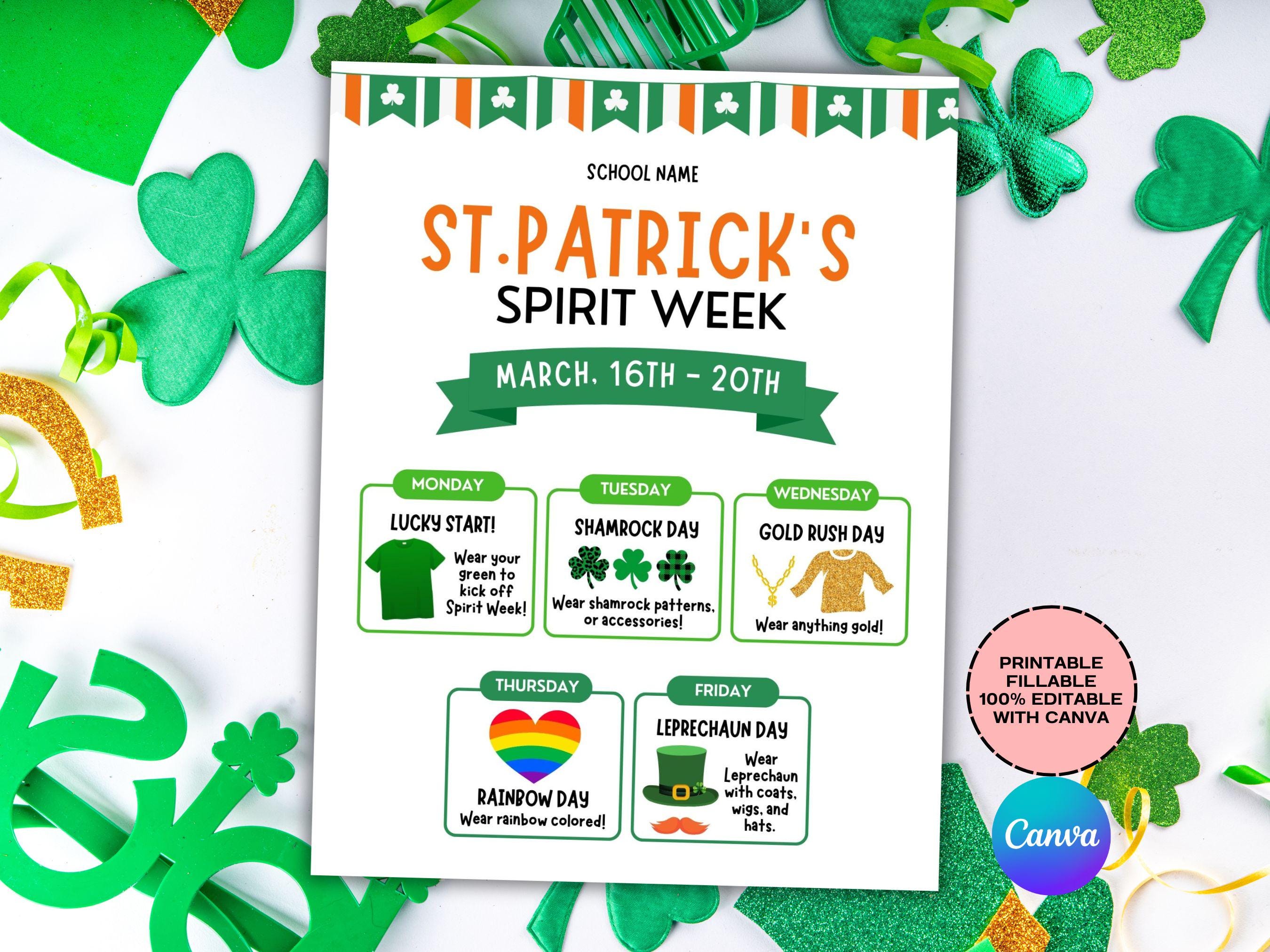 Editable St Patrick's Day Spirit Week Flyer, March Spirit Week Template ...
