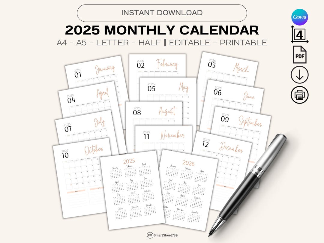 2025 Monthly Planner Calendar: A4 Letter Size, Minimalist Design (PDF ...