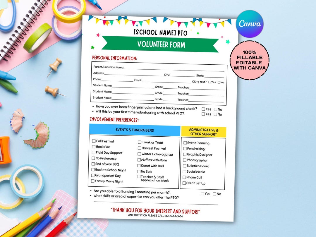PTO PTA Volunteer Form Flyer Printable Club Volunteer Form Editable ...