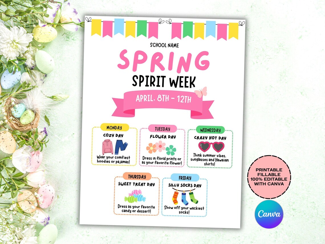 Editable Spring Spirit Week Flyer Canva Template, School Spirit ...
