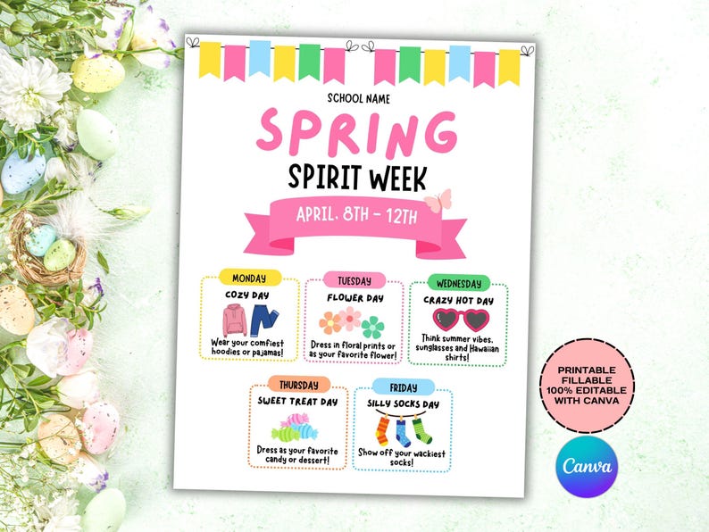 Editable Spring Spirit Week Flyer Canva Template, School Spirit ...