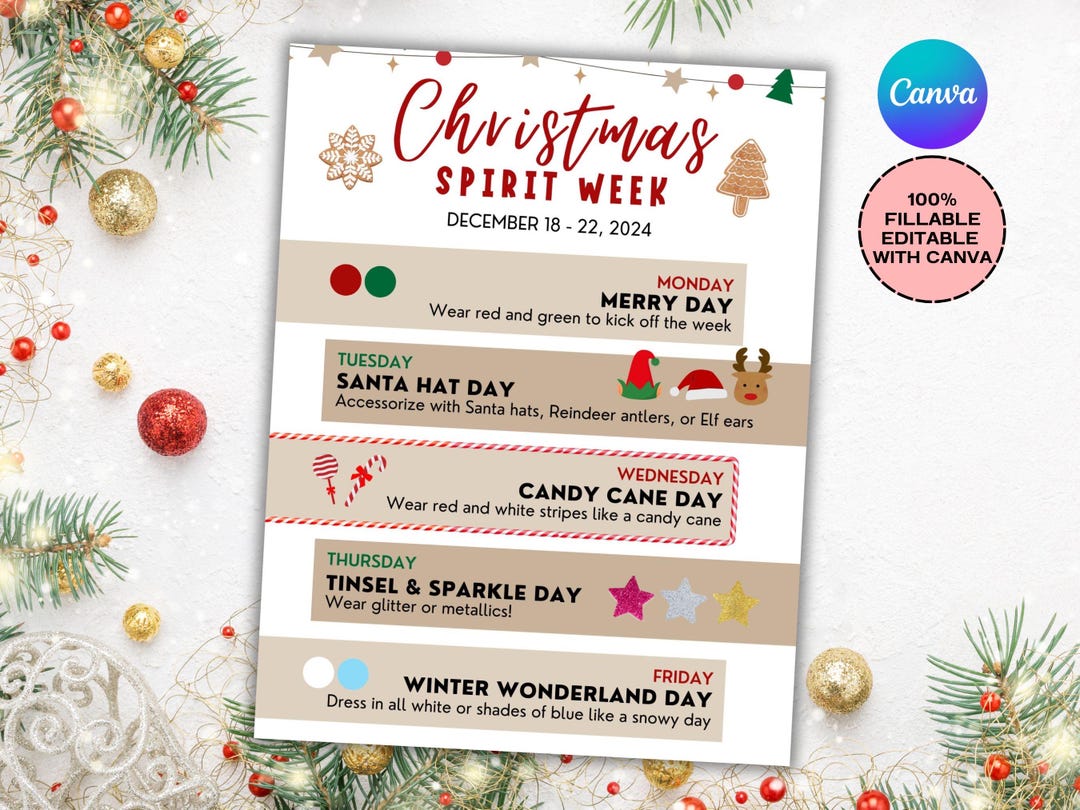 Customizable Christmas Spirit Week Flyer, Holiday School PTO Schedule ...