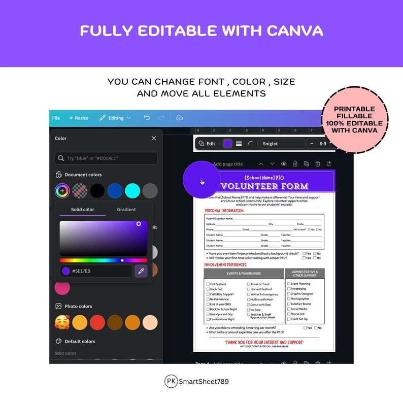 PTO PTA Volunteer Form Flyer Printable Club Volunteer Form Editable ...