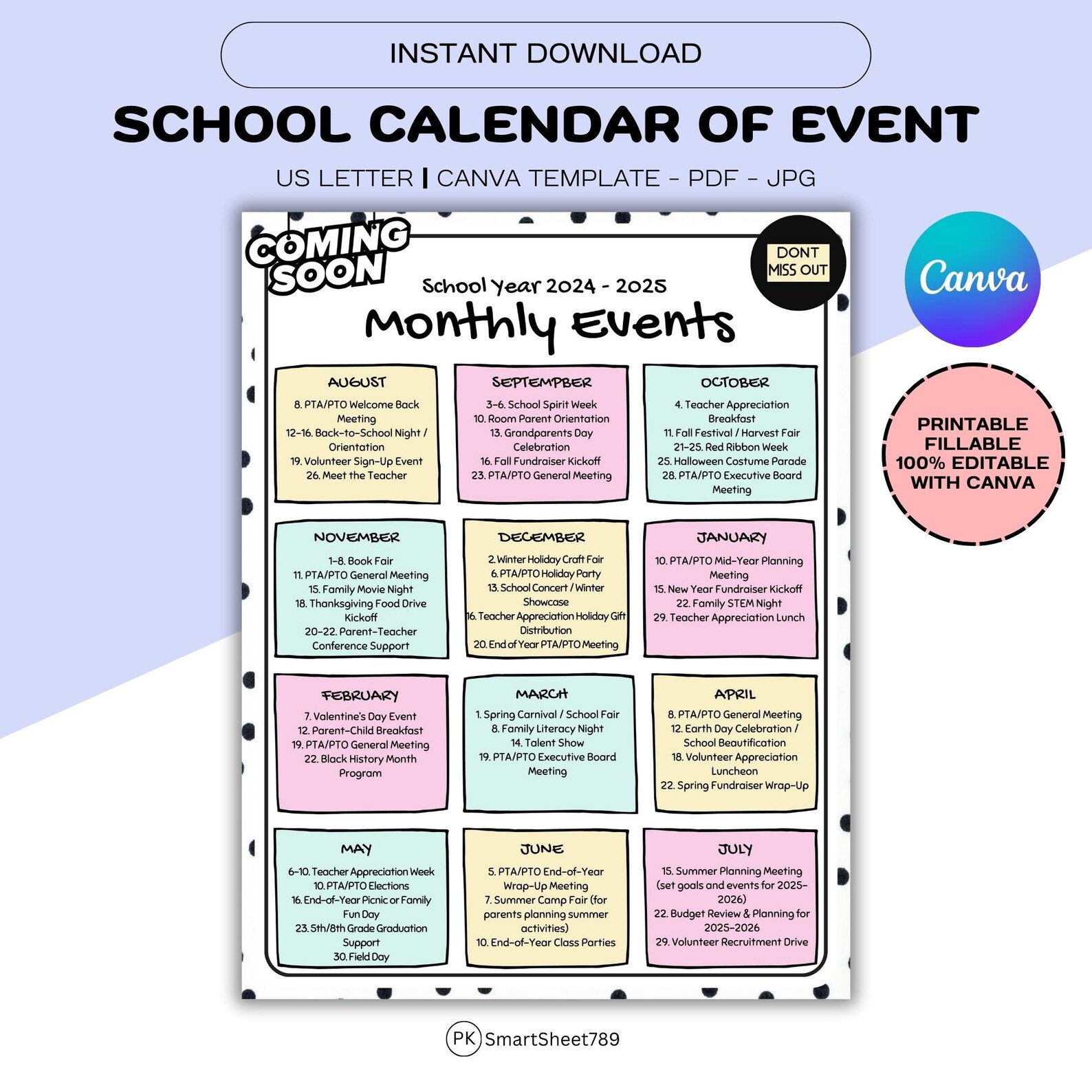 Editable School Calendar of Events: PTA/PTO Monthly Planner (digital ...