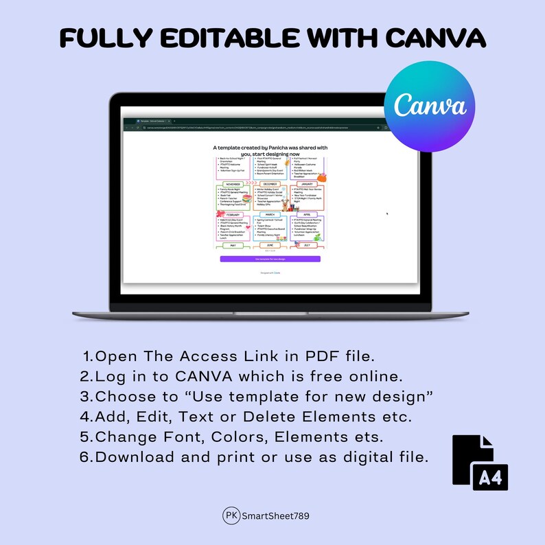 Editable School Calendar: PTA PTO Events, Fundraiser Template (digital ...