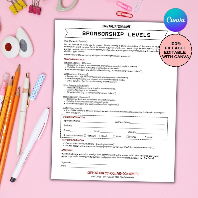 Editable Sponsorship Form Template: School PTO PTA (digital Download ...