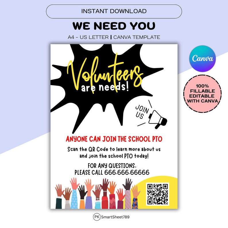 Editable PTA PTO Flyer Template: Volunteer Recruitment, QR Code (canva ...