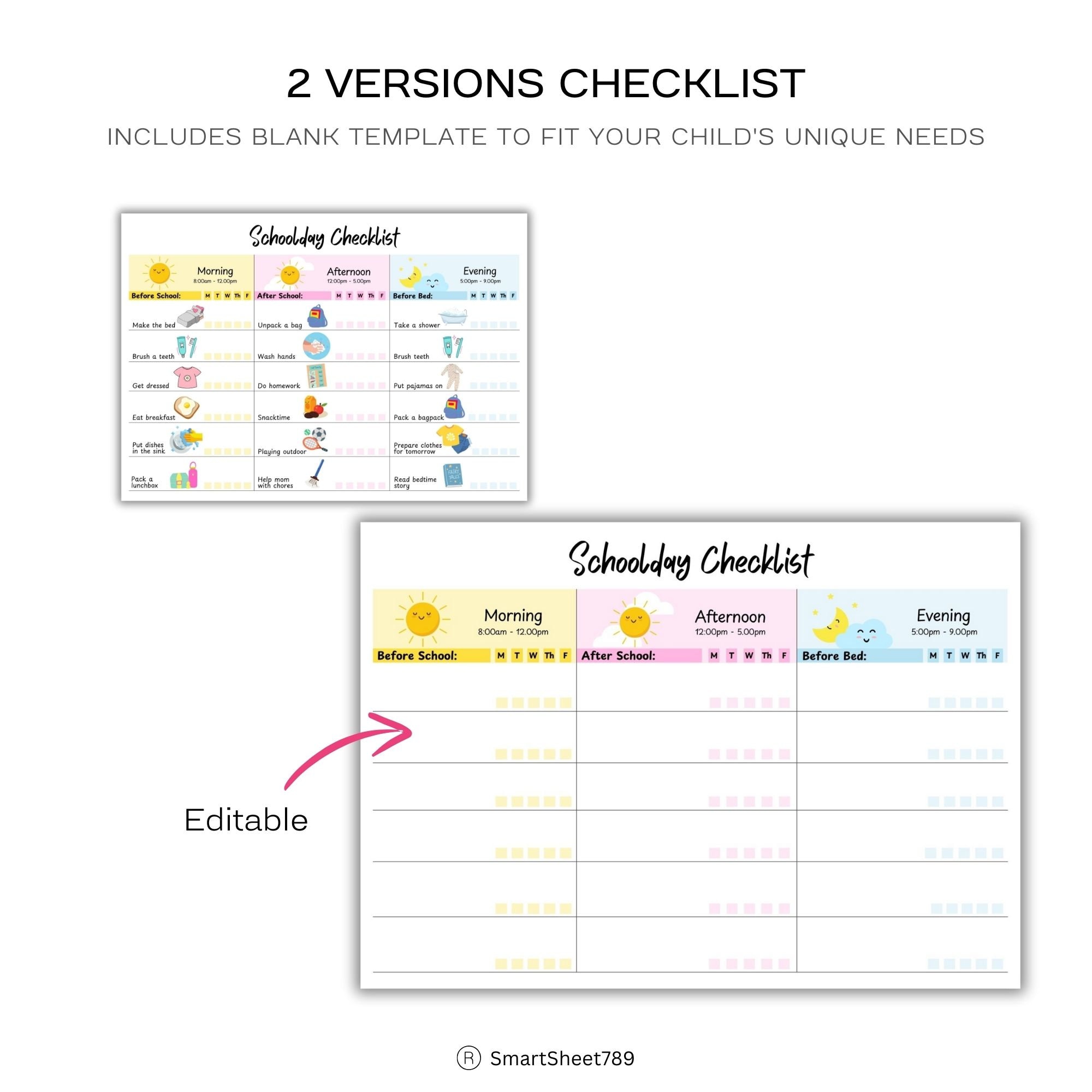 Schoolday Checklist, Chore Chart, Bedtime Routine for Kids, Morning ...