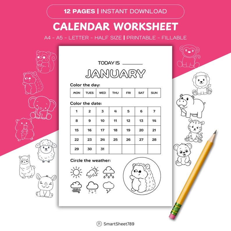 Preschool Calendar Worksheet, Back to School, Cute Animal Printable ...