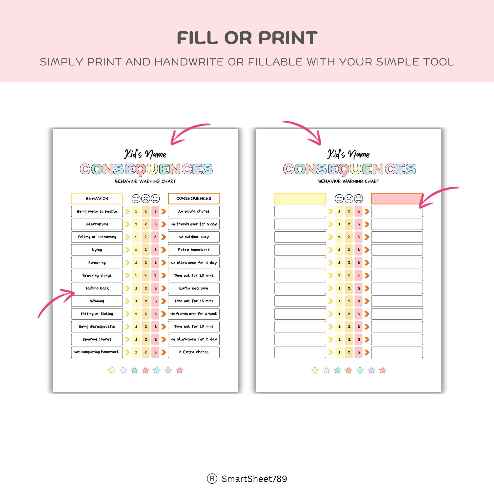 Behavior Consequence Chart for Kids, Consequences of My Actions, Kids ...