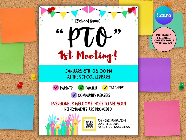 PTO Meeting Sign PTA School Meeting Flyer Printable Editable Meeting ...